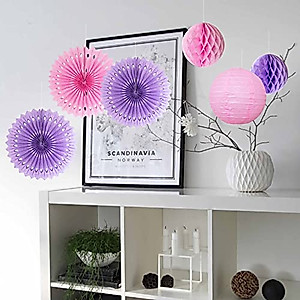 ANSOMO Pink and Purple Party Decorations Paper Fans Lanterns Pom Poms Hanging Wall Décor Bridal Baby Shower Birthday Wedding