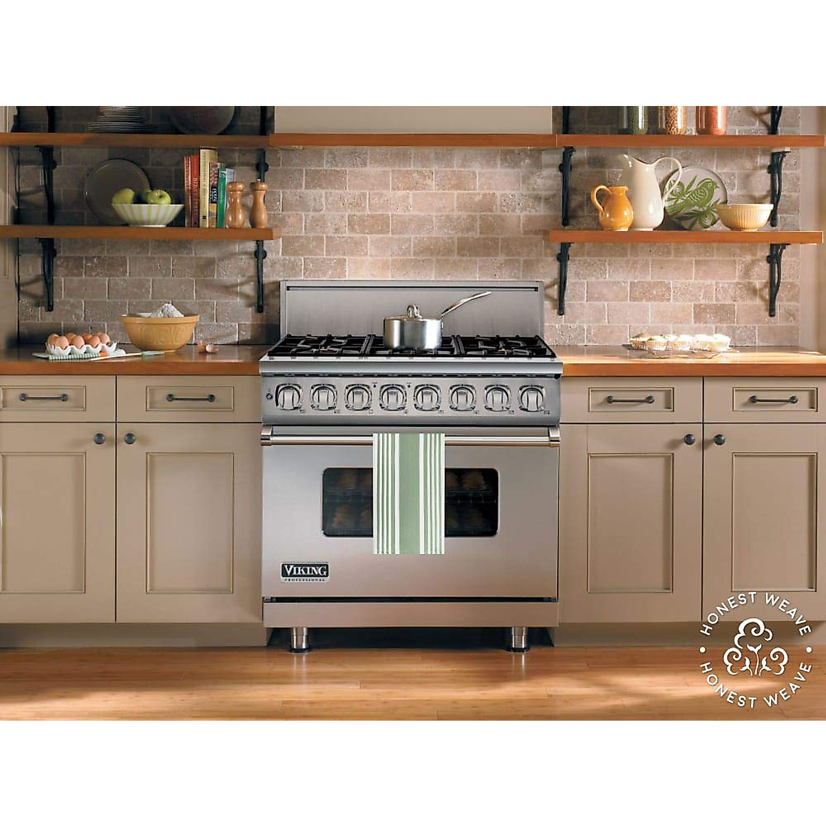 HONEST WEAVE GOTS Certified Organic Cotton Kitchen Hand and Dish Towel Sets - Oversized 20x30 inches, Fully Hemmed, in Designer Colors, 6-Pack, Sage Stripe