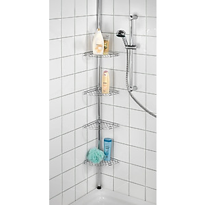 Bathroom Shelf Organizer for Shower Storage, Shower Caddy Tension Pole With 4 Storage Baskets, Stainless Steel, Silver, Dimensions 11 x 108 x 7.8 in