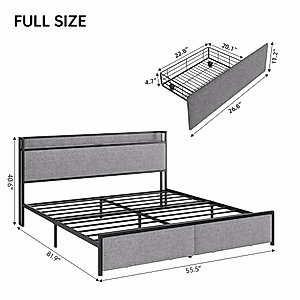 GarveeHome Full Size Bed Frame with 2 Drawers and Shelf Headboard, Charging Station with USB Port & Outlets, Upholstered Heavy Duty Platform Bed with Storage, No Box Spring Needed, Light Grey