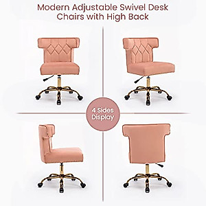 Recaceik Velvet Home Office Chair, Modern Adjustable Swivel Desk Chairs with High Back 360 Degree Castor Gold Wheels for Living Room/Bedroom/Office (Pink)