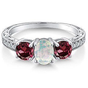 Gem Stone King 925 Sterling Silver Cabochon White Simulated Opal and Red Rhodolite Garnet Women's Ring (1.95 Cttw, Available In Size 5, 6, 7, 8, 9)