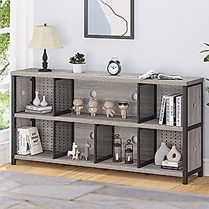 LVB Industrial 4 5 6 7 8 Cube Bookcase, Rustic Wood Metal Horizontal Bookshelf, Modern Wide Cube Organizer Storage Shelf, Large Long Low Book Shelf for Office Bedroom Living Room, Light Grey Oak 63 In