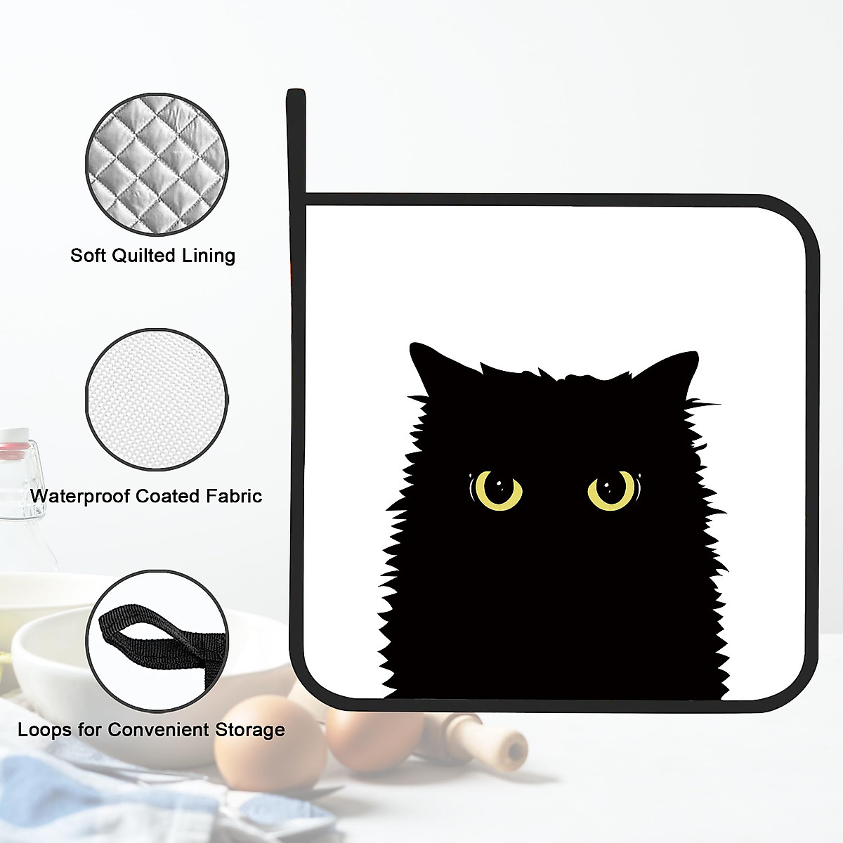 Gearsly Pot Holder Set of 2,Black Cat Eye Cute Cat Kitchen Heat Resistant Potholder for BBQ Cooking Baking,Food Hot Pat for Women Men Kitchen Wear