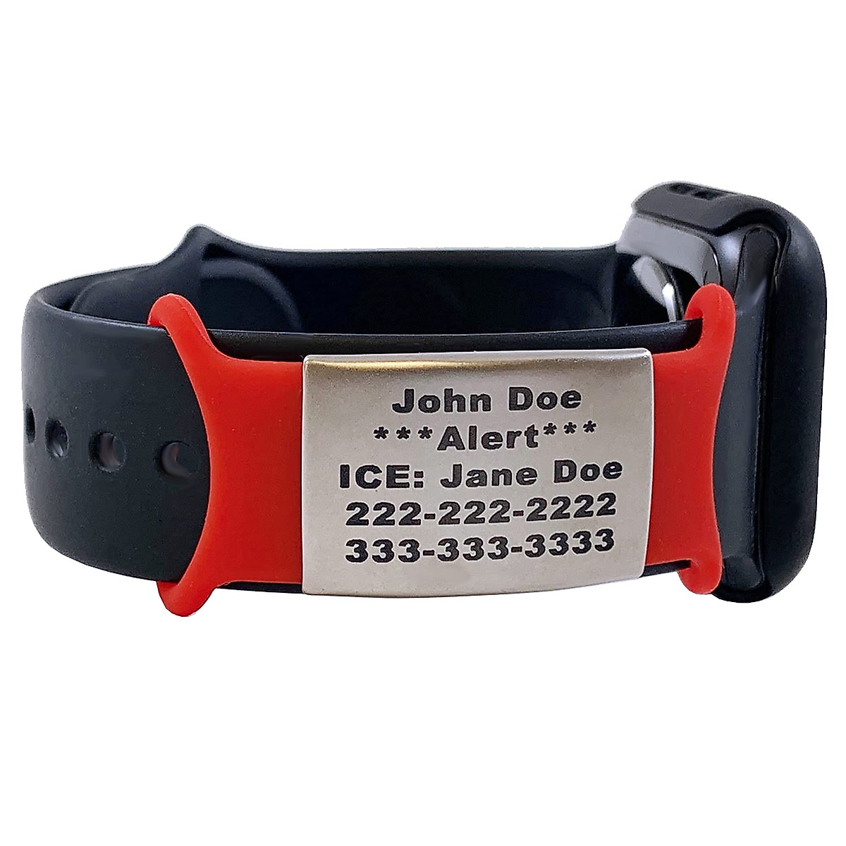 Multi-Purpose Waterproof Red Safety Alert ID Bracelet - Free Engraving - Hypoallergenic Silicone Attachment with 30mm Plate - Runners ID - Fitness ID - Triathletes ID - Religious ID - ID Bracelet