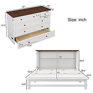 Harper & Bright Designs Full Size Murphy Bed, Solid Pine Murphy Bed Chest with Charging Station and Large Storage Drawer for Home Office or Small Room, White+Walnut
