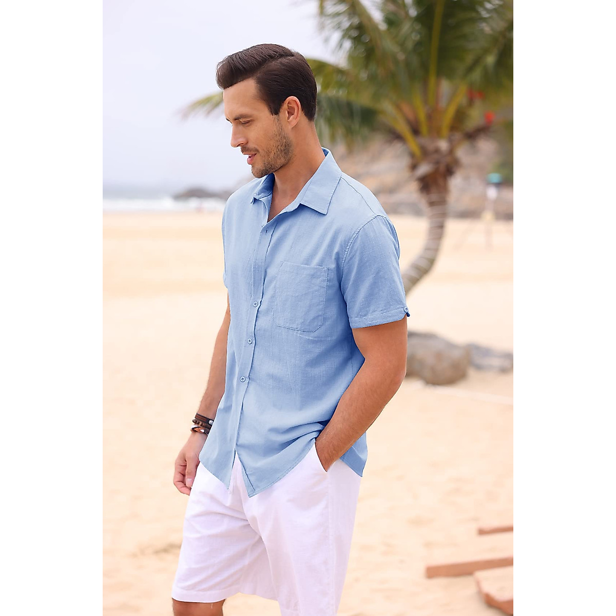 Mens Button Down Shirts Casual Short Sleeve Linen Tops Cotton Lightweight Fishing Tees Spread Collar Plain Shirt