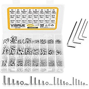 VIGRUE M5 M4 M3 M2 Metric Screws Bolts Nuts Washers Assortment Set with Allen Wrench 1080Pcs Hex Button Head Socket Cap Screws Stainless Steel, Small Bolts and Nuts Assortment Kit