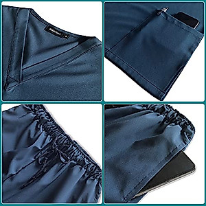 Scrubs Set for Women Joggers V-Neck Pocket Top Uniforms Athletic Stretch Set Workwear Drawstring Threaded Pant Legs