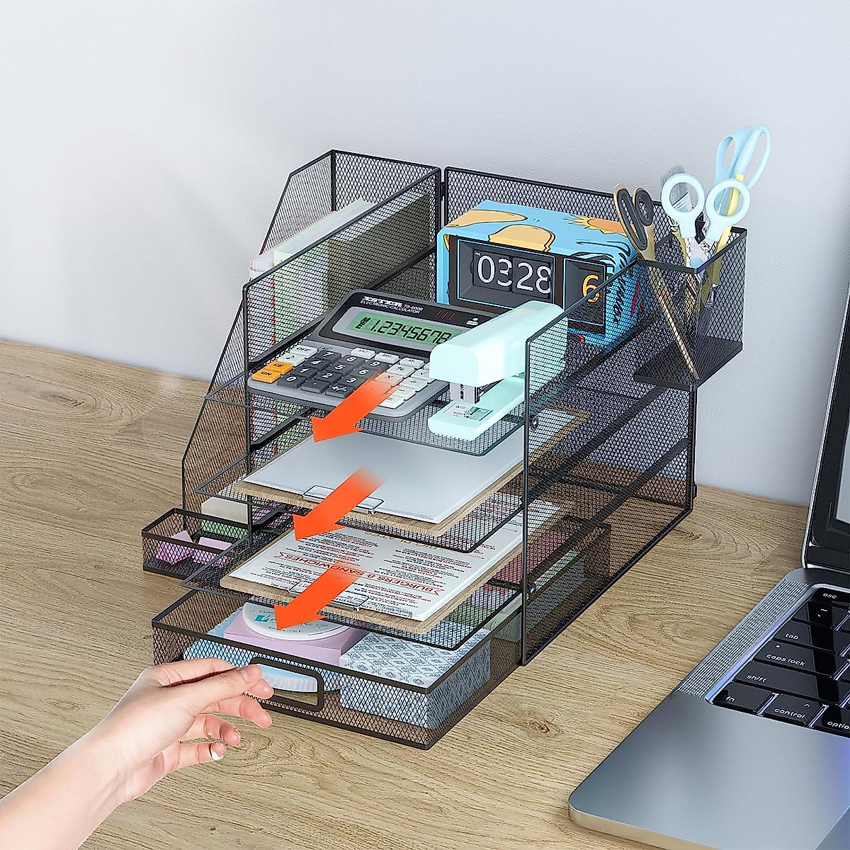 Desk Organizer, File Organizer for Desk with Vertical File Folder Holders, 4-Tier Paper Letter Tray with Sliding Drawer and Pen Holder, Desk Accessories & Workspace Organizers for Office School Home