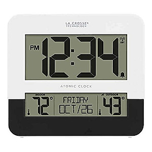 La Crosse Atomic Digital Wall Clock with in/Outdoor Temperature in Black/White