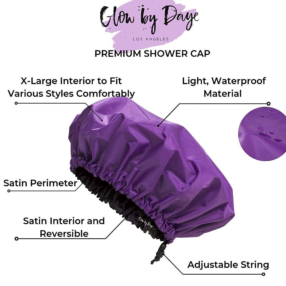 Glow by Daye Satin Lined Shower Cap, Adjustable and Waterproof with Satin Interior for Hair Protection, Large, Purple Rain
