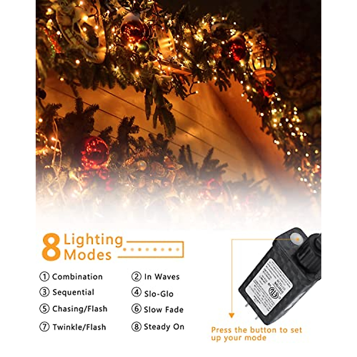 Christmas String Lights Indoor Outdoor - 70 ft 200 LED Low Voltage Waterproof Xmas Lights with 8 Modes Timer Function Plug in for Tree Room Bedroom Wedding Party (Warm White)