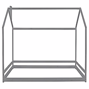 Full Size Wood House Bed, Wooden Bedframe with Roof for Kids, Teens, Boys or Girls, Gray