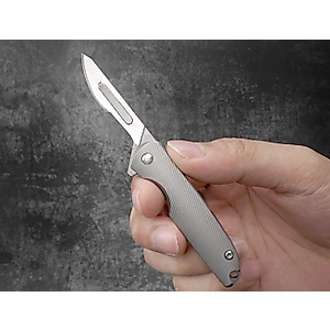 TENCHILON Ti28 Premium Mini Flipper Scalpel Folding Pocket Knife with 10pcs #24 Replaceable Blade, Textured 6AL4V Titanium Handle with Frame Lock Utility EDC Knives,