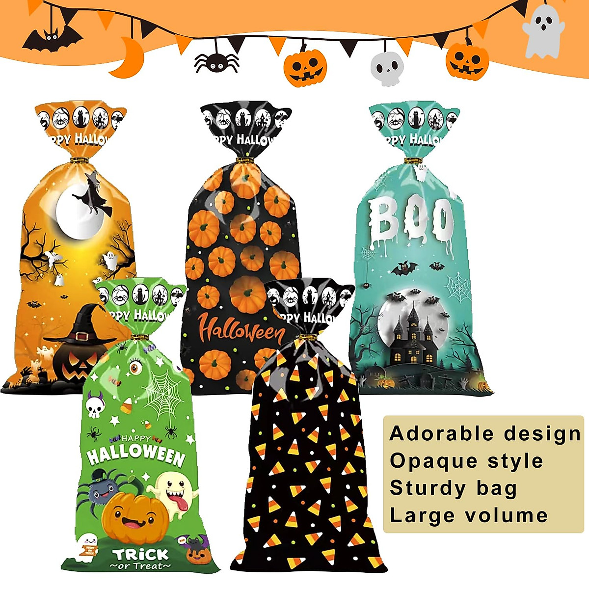 FXMHEHBB Halloween Cellophane Candy Bags, 150 Pcs Plastic Halloween Trick or Treat Bags Goodies Bags with Twist Ties for Snacks Cookies