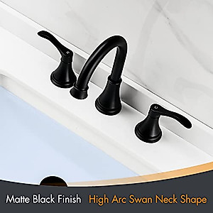 KUZOR 2 Handle 3 Hole 8 Inch Widespread Bathroom Faucets Matte Black Faucet for Bathroom Sink with Metal Pop Up Drain Assembly High Arc 360 Degree Swivel Spout
