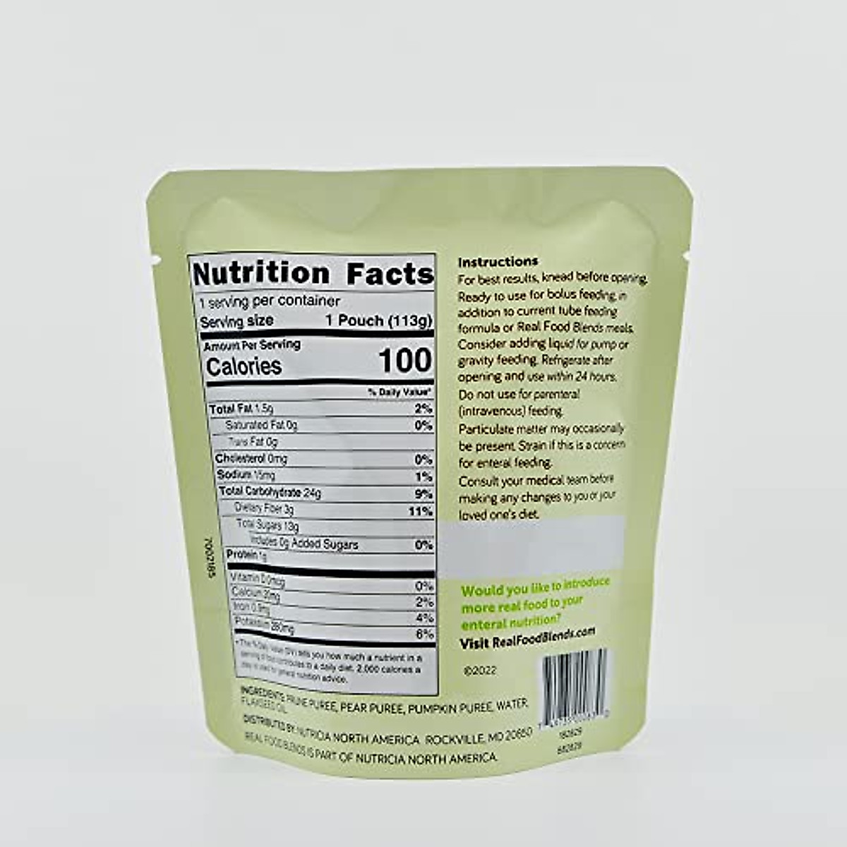 Real Food Blends Mini - Prunes, Pears & Pumpkin - Pureed Blended Snack for Feeding Tubes, 4 Oz Pouch (Pack of 12 Pouches)