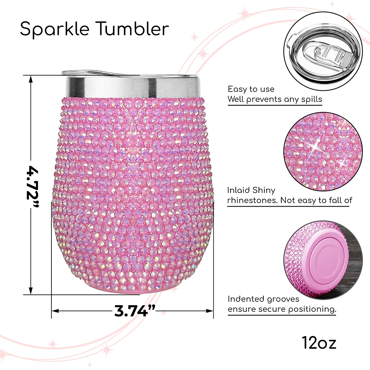 HappiGifts Sparkle Tumbler Collection, Glitter Bling Diamond Rhinestone Wine Tumbler, Stainless Steel Insulated Cup with Lid (Pink)