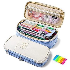Teuki Large Pencil Case for Girls Boys Adults, Expandable Cute Pencil Case Large Capacity Pencil Pouch Bag for Office School Stationery Organizer Durable Pencil Cases with Sticky Notes, Beige Blue