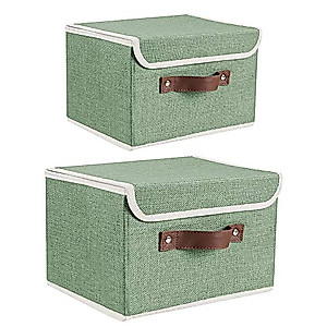 Lucky Monet 2 Pack Linen Fabric Foldable Storage Bin Set Collapsible Storage Box Cube Closet Organizer with Lid & Faux Leather Handle, 10”x8”x7” (Green)