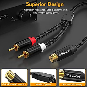 HOSONGIN 1ft RCA Splitter 1 Female to 2 Male Y Adapter 2 Pack, Short RCA Audio Speaker Splitter Cable, Double Shielding Black Nylon Braided Cable - Gold-Plated Plug - Length 12 Inch