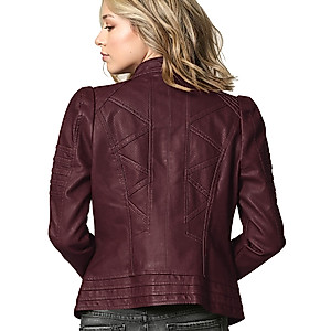 Lock and Love LL WJC746 Womens Vegan Faux Leather Motorcycle Jacket L Wine