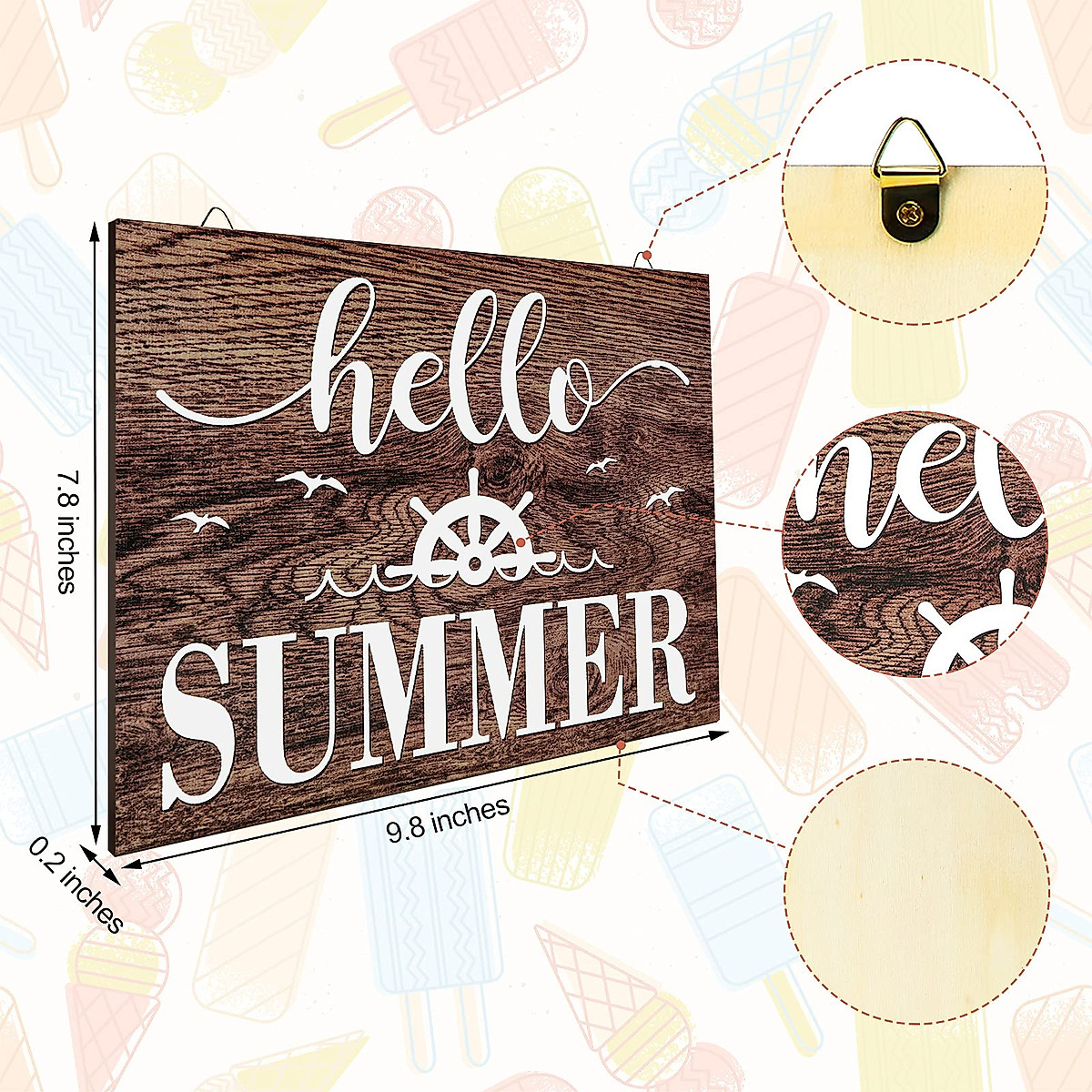 Jetec Hello Summer Wooden Sign Wooden Farmhouse Sign Home Rustic Front Door Decoration Wood Hanging Sign Wall Decor, 9.8 x 7.8 x 0.2 Inch