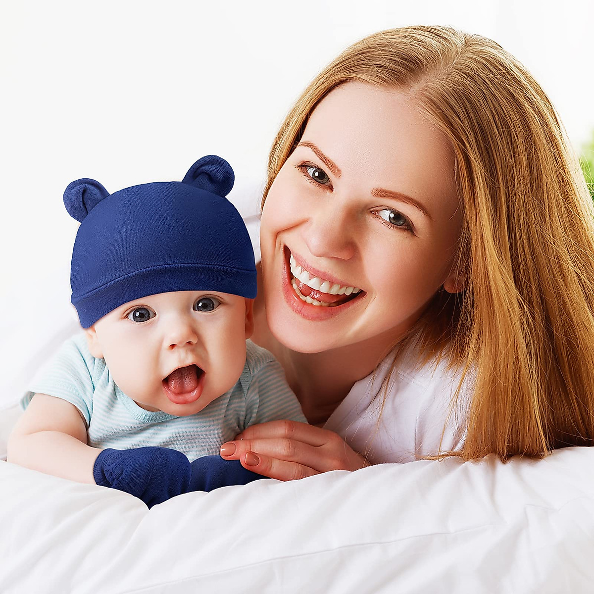 URATOT 6 Sets Newborn Baby Hats Mittens Sets Unisex Cotton Bear Ears Infant Caps Beanie Hat No Scratch Mittens for 0-3 Months