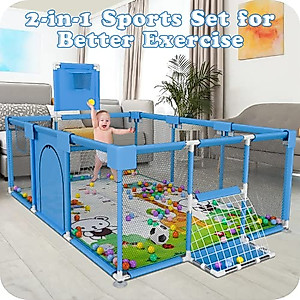 MONBLAM Baby Playpen with Mat(XL), 71×48”,with Soccer Nets, Basketball Hoop & 50 Balls, Play Center for Toddler, Child Exercise Playard, Kids Activity Centre with Breathable Mesh (Assembly Required)