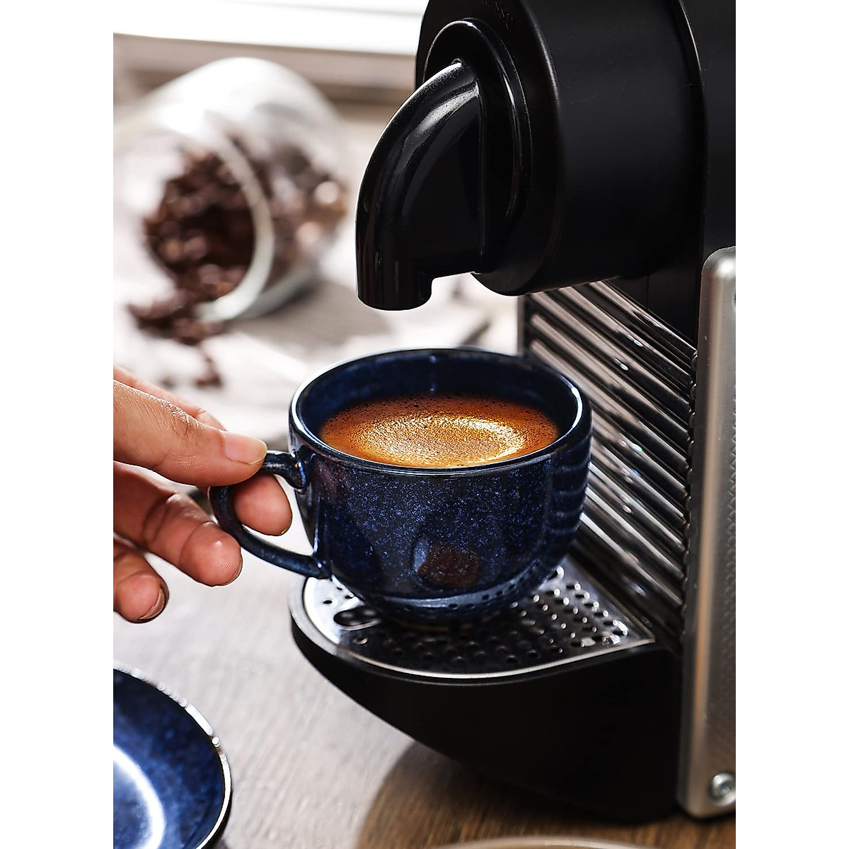 vicrays Ceramic Espresso Coffee Cups Set 4 oz Porcelain Espresso Cups with Saucers Spoons and Metal Stand for Tea Cafe Cappuccino Latte - Set of 6 - Blue