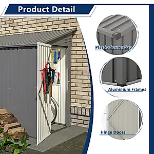 LZbeiteM Shed Lean to Storage Shed, Outdoor 4' x 8' Metal Wall Side Storage Sheds & Outdoor Storage, Garden Storage Cabinet for Backayrd, Patio and Outdoor Use,Grey