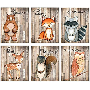 Woodland Nursery Decor for Boys - Animal Pictures Wall Art - Baby Room Animal Prints on Shiplap Background - Bear Deer Fox Raccoon Owl Squirrel Decor - Set of 6 PRINTS - 8x10 - UNFRAMED