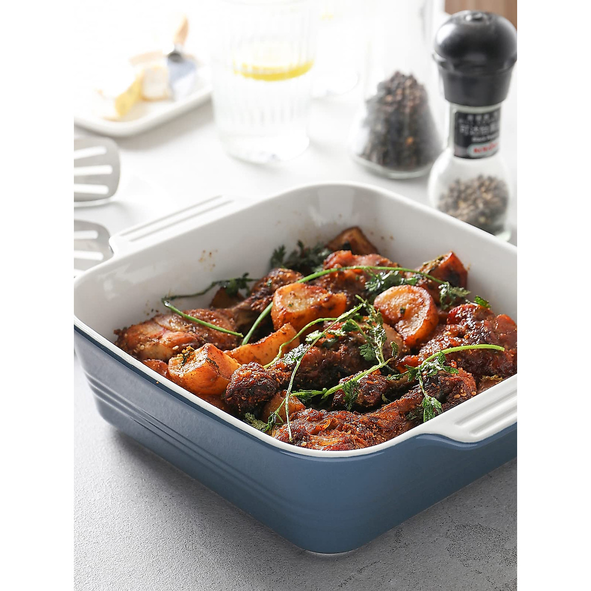 ZONESUM Baking Dish, 8x8 Lasagna Pan Deep, Ceramic Square Casserole Dishes for Oven, Baking Pan with Handle, for Brownie, Cake, Lasagna, Casserole, 2 Quart, Home Gift, Airy Blue