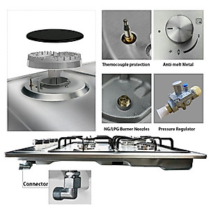 Karinear 24 Inch Gas Cooktop Gas Stove 4 Burners, Built-in Stainless Steel Gas Hob, NG/LPG Dual Fuel Gas Stovetop with Thermocouple Protection for Apartments, Indoor (Come with Pressure Regulator)