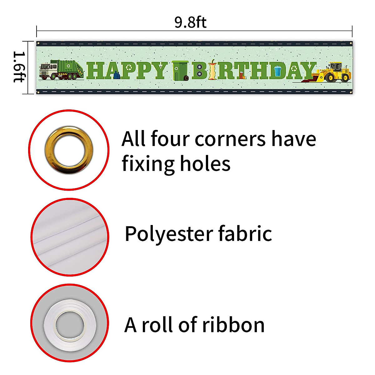 Garbage Truck Happy Birthday Banner,Garbage Truck Waste Management Recycling Bin Birthday Party Yard Banner,Trash Trucks Birthday Party Supplies Decoration Outdoor Indoor (9.8 x 1.6 feet)