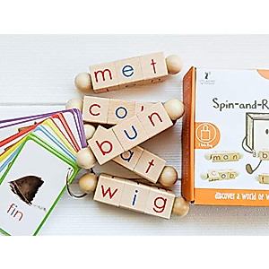LITTLE BUD KIDS Spin-and-Read Montessori Phonetic Reading Blocks and CVC Phonics Wooden Toy Set for Beginner Readers