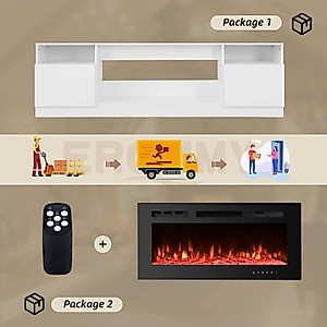 EROMMY 70'' Fireplace TV Stand with 36'' Electric Fireplace, Entertainment Center with 16 Color Led Lights and 12 Flame Fireplace Insert Heater, White TV Console for TVs up to 80'' for Living Room