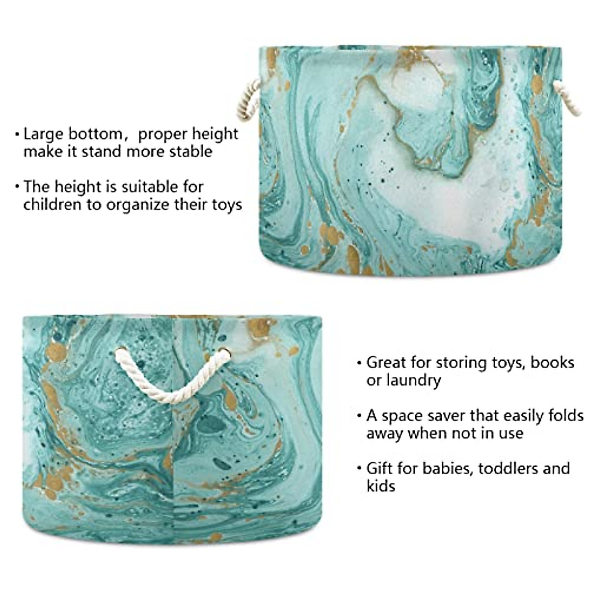 xigua Turquoise Marble Texture Large Round storage basket 20 x14 Inches Collapsible Round Storage Bin, Laundry Basket Organizer for Towels, Blanket, Toys, Clothes