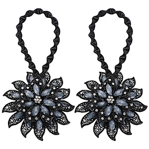 Sumnacon 2 Pcs Crystal Curtain Magnetic Tiebacks - Decorative Big Flower Curtain Clips Buckle with Stretchy Wire Rope, Sparkling Drapery Holdsbacks for Home Office Decor, Black