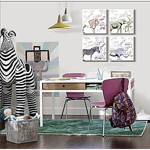 Animal Canvas Wall Art Safari Zoo Elephant Lion Zebra and Rhino Nursery Decor Printed Artwork Framed for Children's Room Bedroom Farmhouse Animal Wall Decoration Ready to Hang (12"x12"x4pcs)