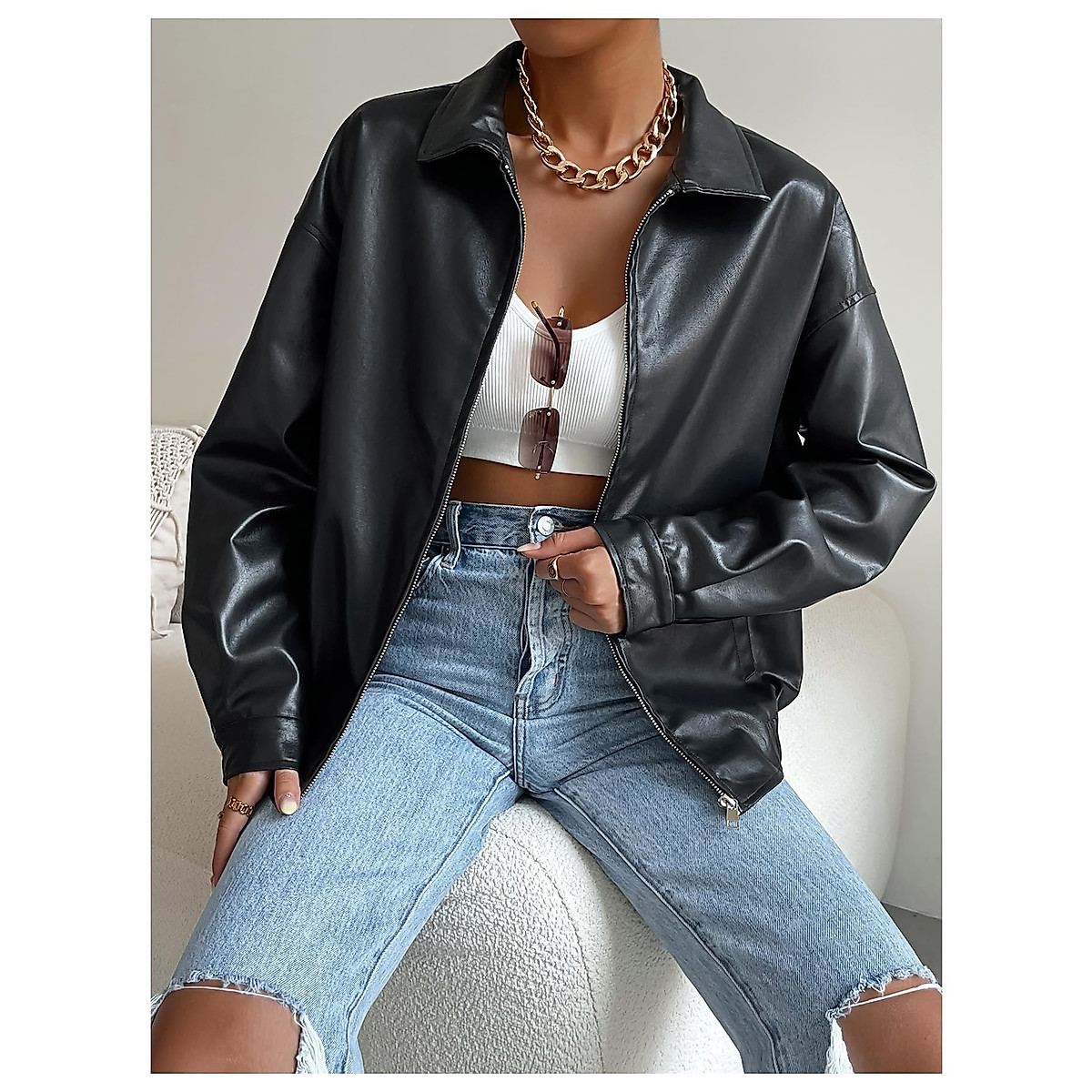 MakeMeChic Women's Faux Leather Shacket Long Sleeve Zip Up Motorcycle Jacket Biker Coat Zip Black S