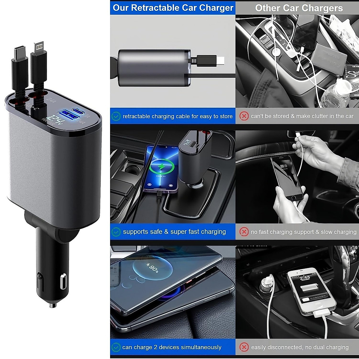 Retractable Car Charger Fast Charging - 66W 4-in-1 USB C Car Phone Charger Cigarette Lighter Adapter Car Charger Compatible with iPhone 15 14 13 12 Pro Max iPad Android Pixel Huawei Tablet