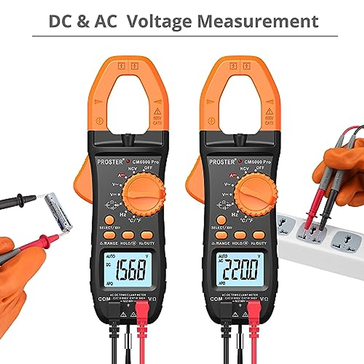 Proster Digital Clamp Meter TRMS 6000counts, 800A DC AC Current AC/DC Voltage NCV Continuity Capacitance Resistance Frequency Diode Hz Test, with1 PairTest Leads 1 Pair Alligator Clips