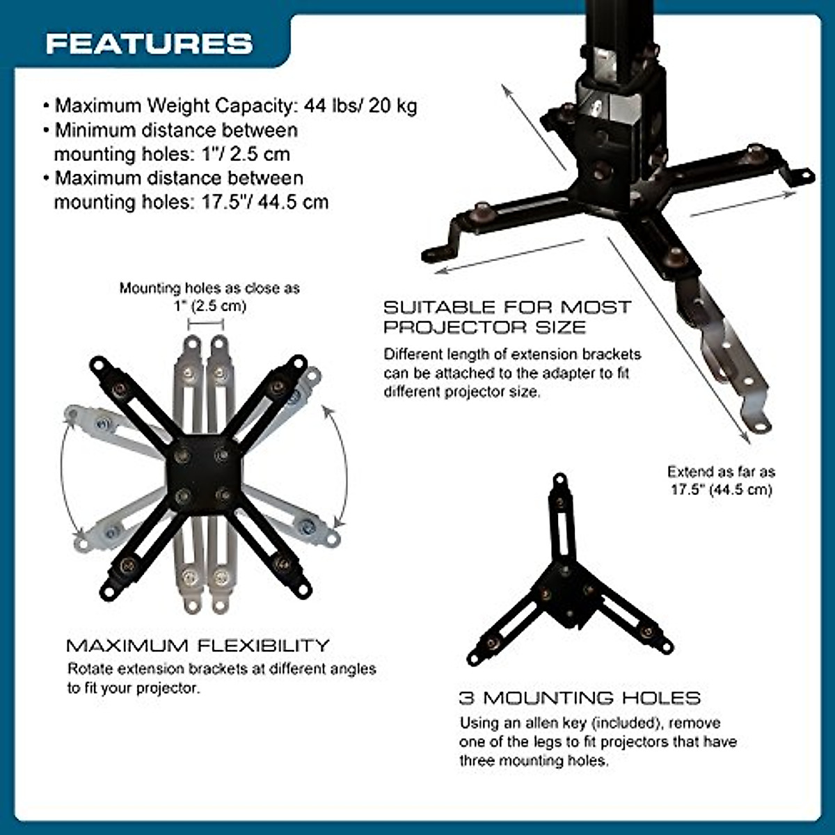 QualGear QG-PM-002-BLK Universal Projector Ceiling Mount, Black