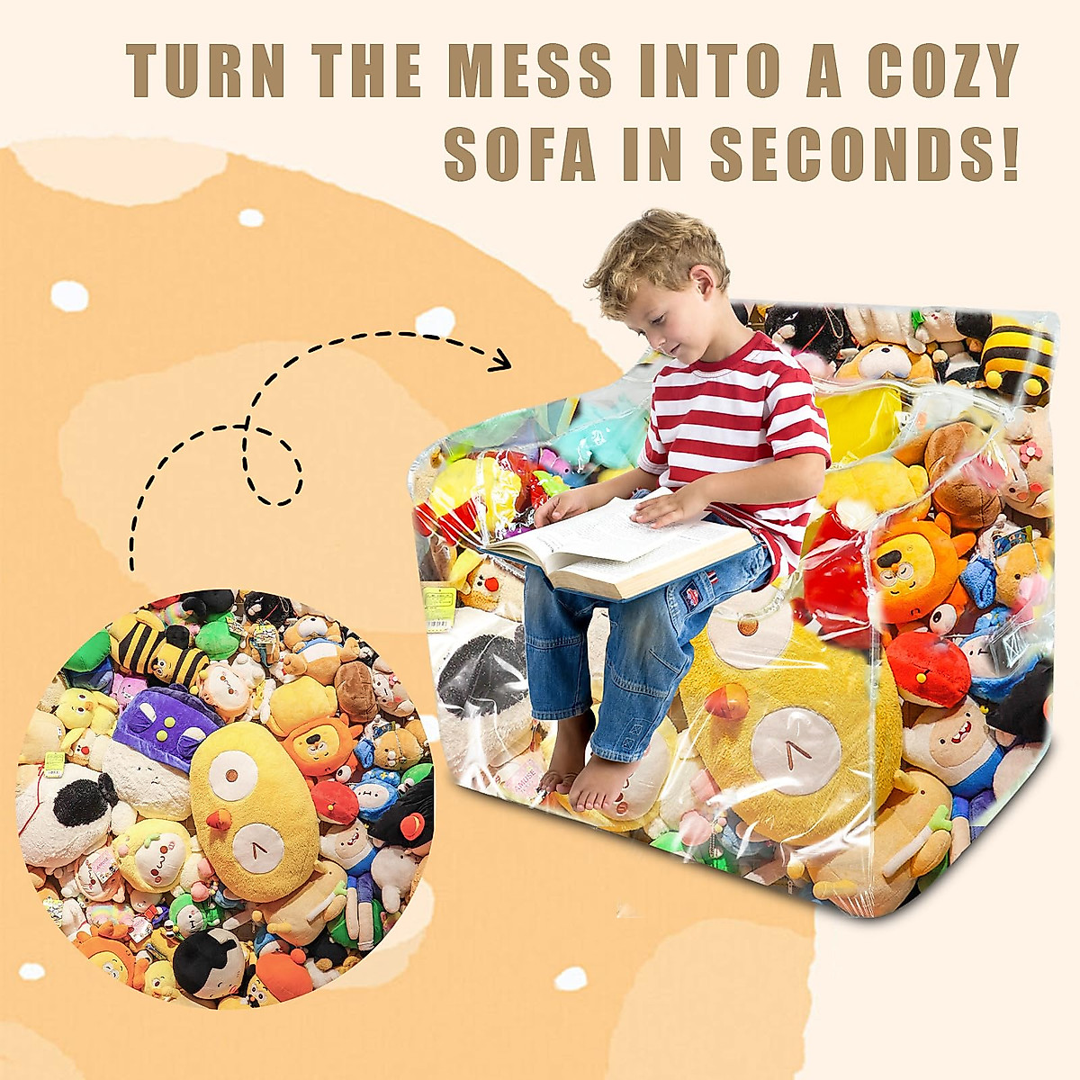 REANRO Stuffed Animal Bean Bag Storage, Clear PVC Stuffable Animal Storage Chair Cover, Bean Bag Chair with Armrest and Handle, Waterproof Toys Storage Organizer for Kids Toddler Boys Girls