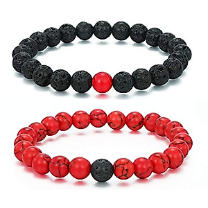 MengPa Mens Beaded Bracelets Couples Matching Bracelet Set Lava Rock Beads for Women Stone Jewelry (Howlite-Red) US4163B