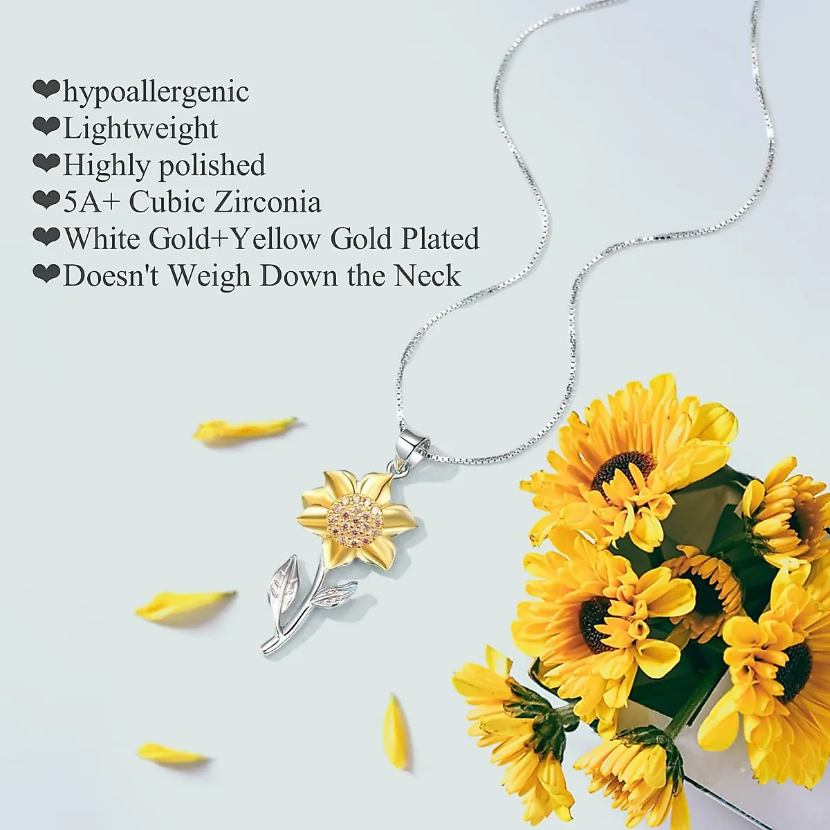 YZSFMZGE 925 Sterling Silver Sunflower Necklace Yellow Gold Plated CZ Flower Pendant with Jewelry Gift Box for Women
