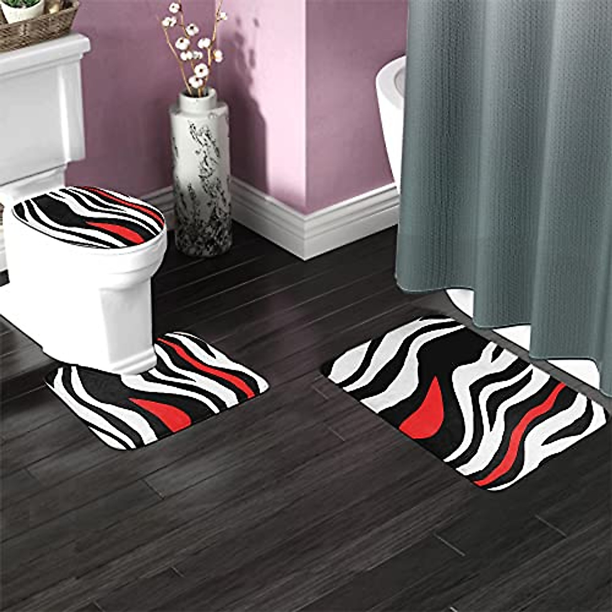 Wondertify Zebra Bathroom Antiskid Pad Animal Skin Tiger Stripes Black Red White Line 3 Pieces Bathroom Rugs Set, Bath Mat+Contour+Toilet Lid Cover Monochrome