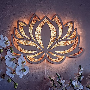 Mandala Yoga Room Night Light LED Multi-Layer Laser Cut Carved Light LED Elegant Wooden Mandala Hanging Light (Lotus)